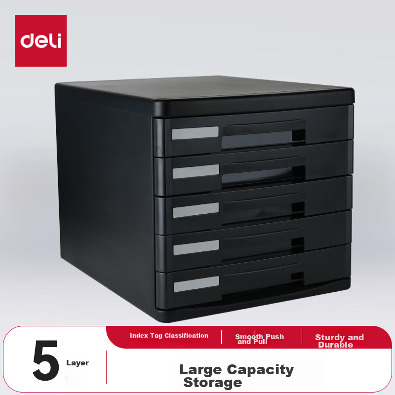 Deli 5-Tier Office Desk Organizer File Cabinet Drawer Storage Box with A4 Pull Handle, Index Labels for Subject And Exam Paper Classification, Black 9773A