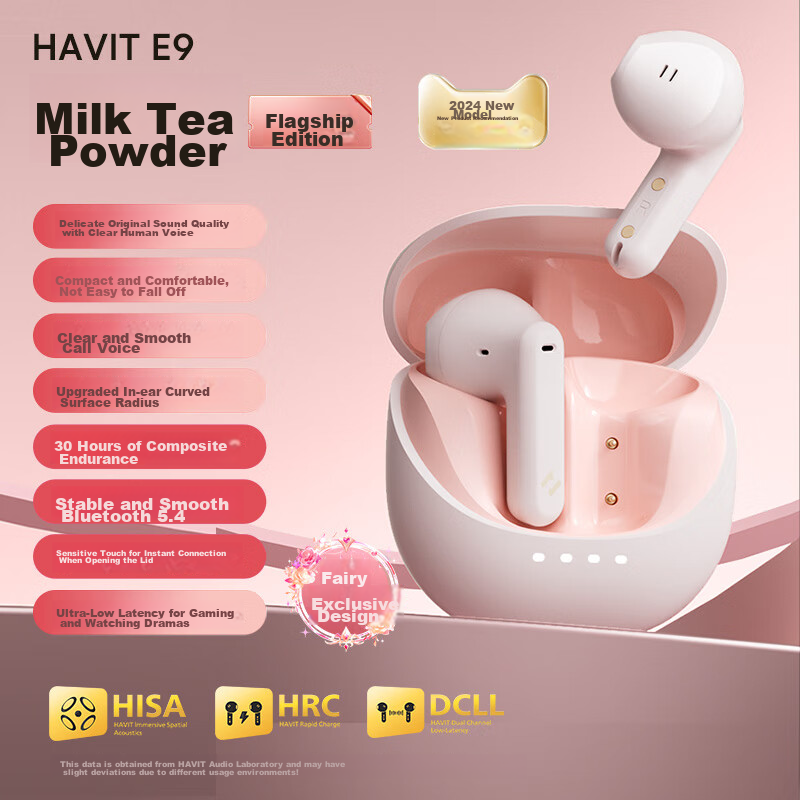HAVIT [5,000+ Positive Reviews] True Wireless Bluetooth Earbuds Semi In-Ear Sports Noise-Cancelling Deep Bass Music Gaming Low Latency Compatible with Huawei Apple Phones E9 Pink
