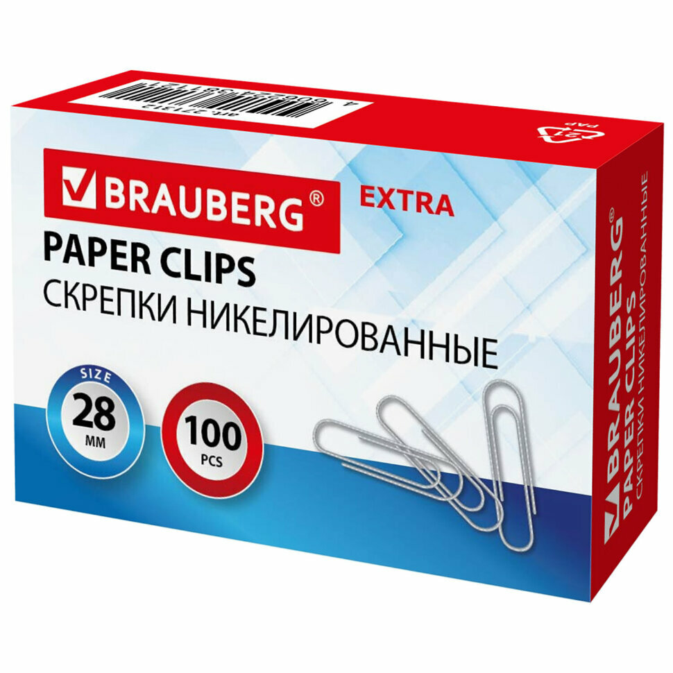 Скрепки EXTRA BRAUBERG 28 мм никелированные 100 штук, 271312, 271312