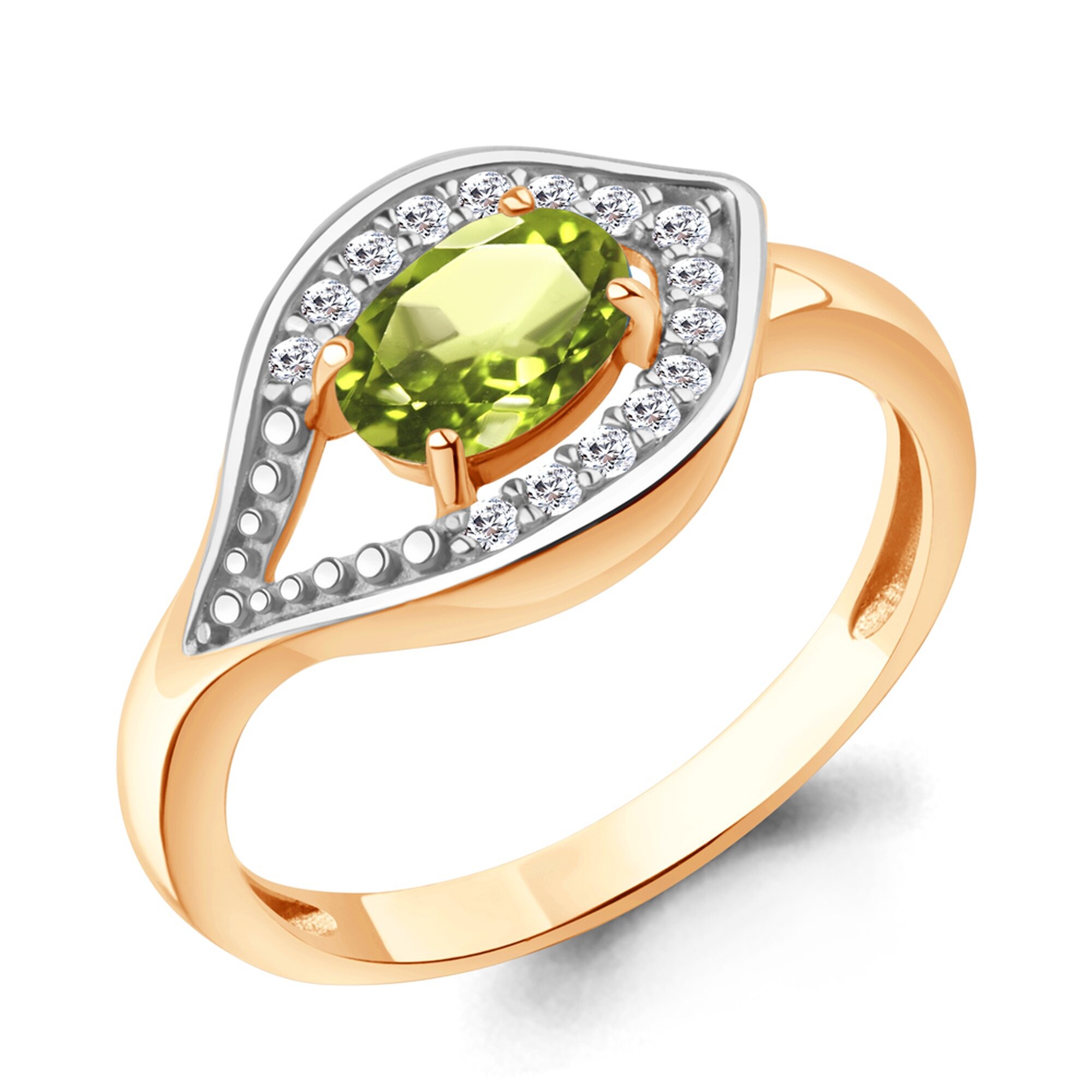 Кольцо, серебро, 925 проба, золочение, фианит, хризолит