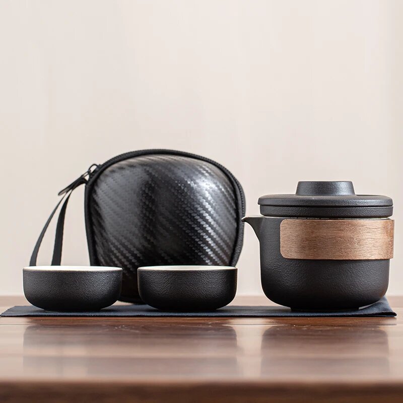 Дорожный портативный китайский чайный набор, уличный чайный набор, чайный инфузер, изысканный стеклянный набор чайных принадлежностей Gaiwan, посуда для напитков для чайной церемонии Черный, D1