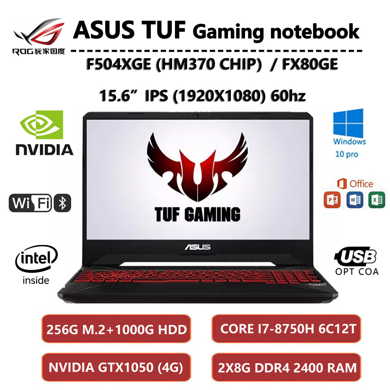 Подержанный ноутбук 15.6" ASUS tuf gaming F504XGE fx80GE ( CORE i7-8750H 4C4T+2X8GB DDR4 2400 RAM+256G M.2 NVME SSD+1000G HDD+NVIDIA GTX1050TI 4G+Intel UHD 620 Видеокарта+1920X1080 IPS 4K) Win 10 pro