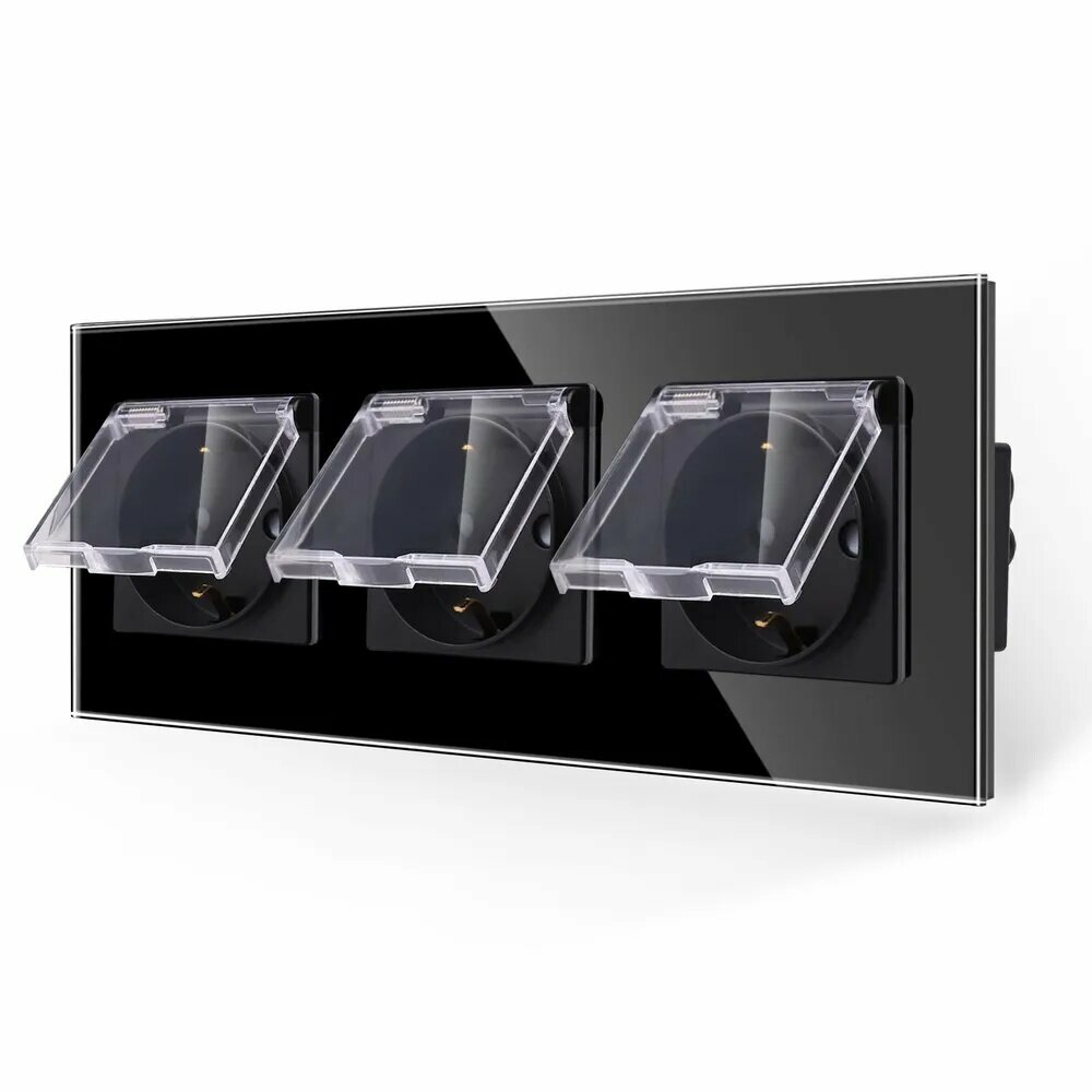 Розетка c водонепроницаемой крышкой 3 поста, Встраиваемая водонепроницаемая розетка на 16А стеклянна Черный c землей