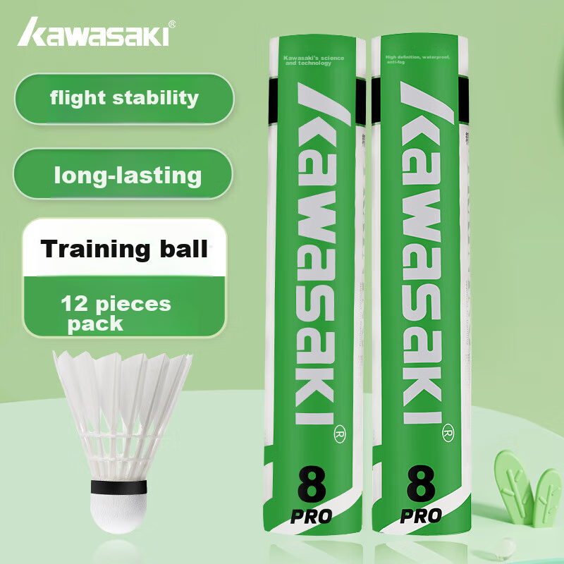 Kawasaki Badminton Shuttlecocks, Training Grade 8 Pro Durable Professional Competition Training Goose Feather Shuttles, 12-Pack