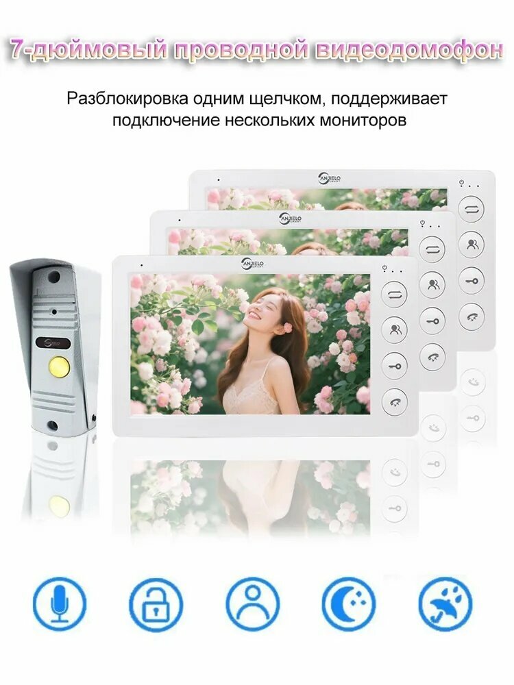 4-проводной видеодомофон с три мониторами 7 дюймов и вызывной панелью