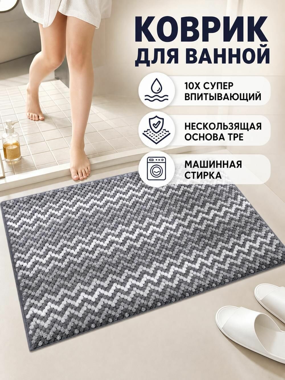 Коврик для пола из гофрированного шенилла, подходящий для ванной комнаты