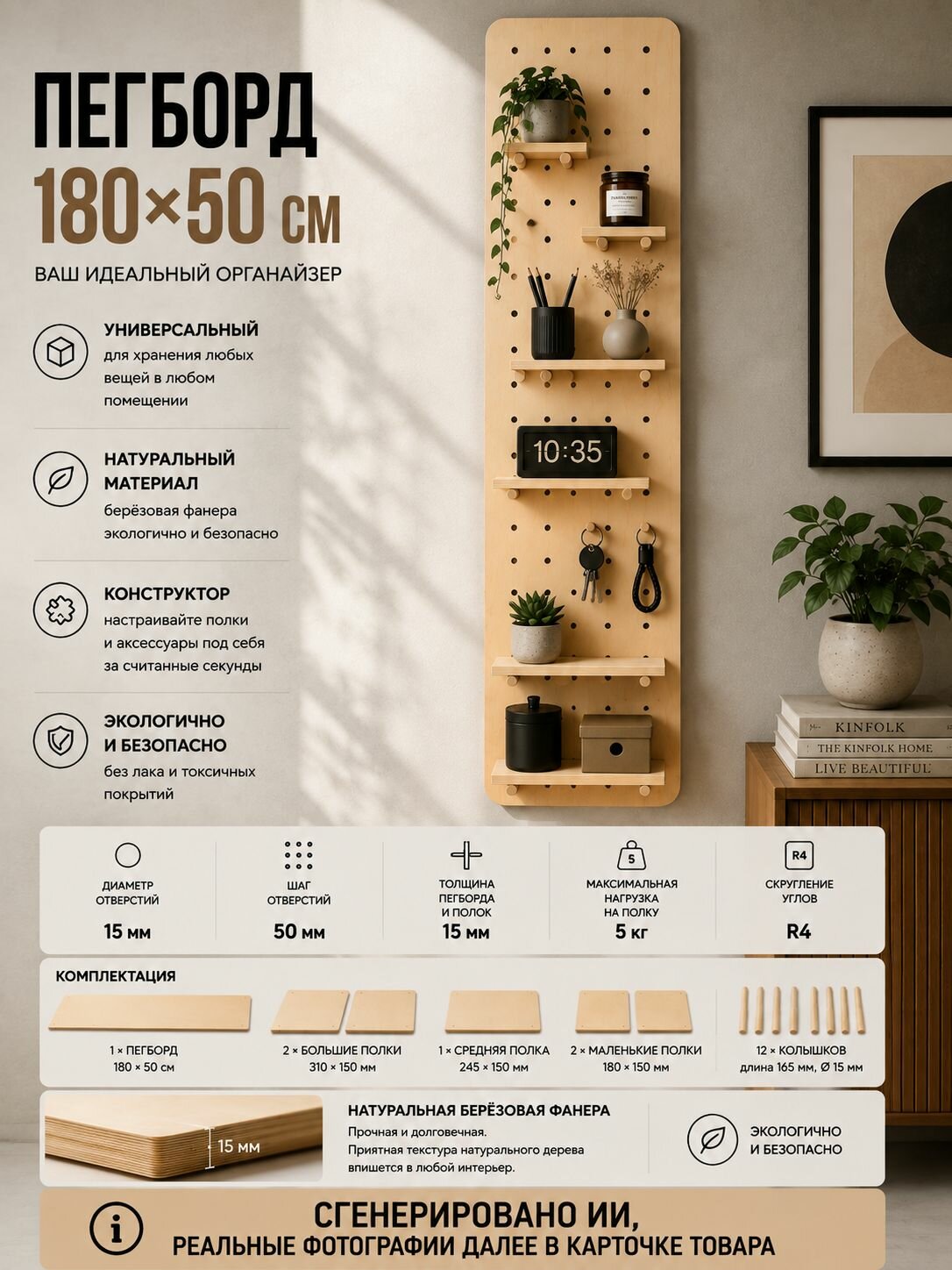 Пегборд органайзер на стену Line 180x50 см, 5 полок