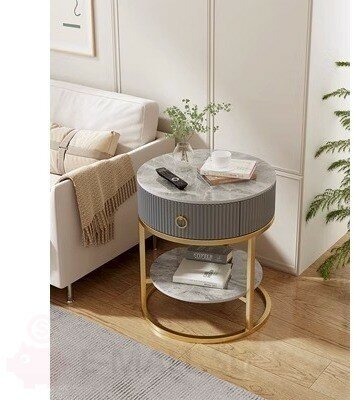 Прикроватная тумбочка круглая с выдвижным ящиком и столешницей из керамики (серый ребристый 45 см см с полкой)