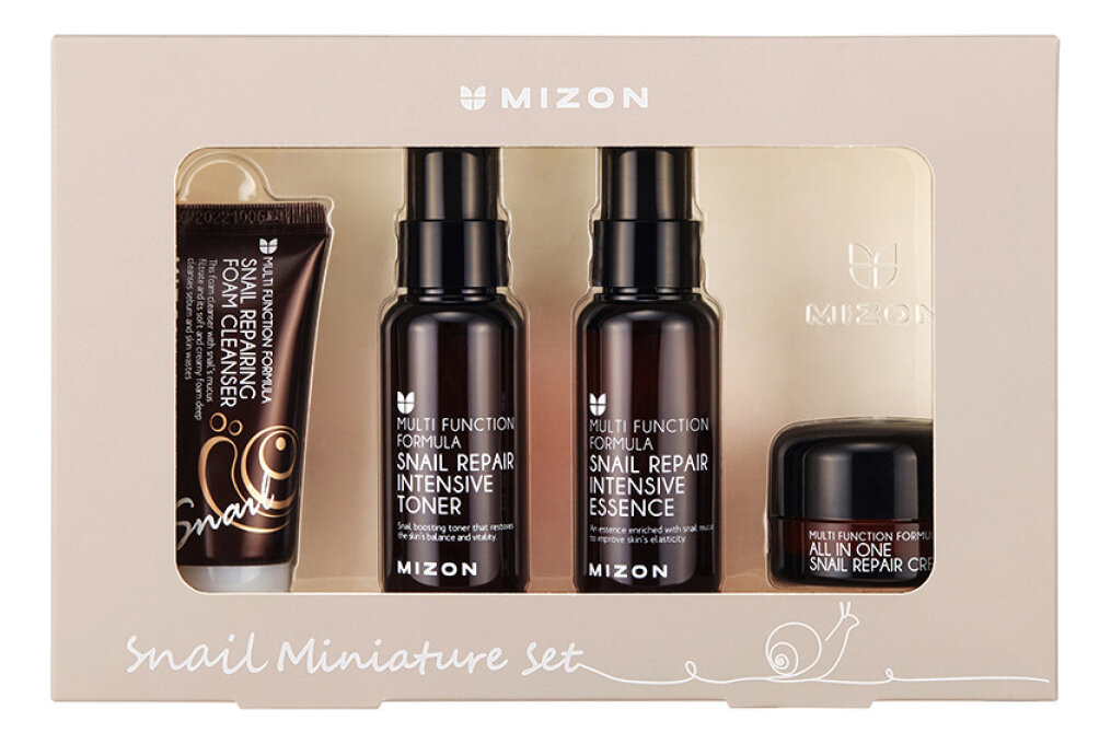 Mizon Набор для лица Snail Miniature (пенка для умывания 30мл + тонер 50мл + эссенция 50мл + крем 15мл)