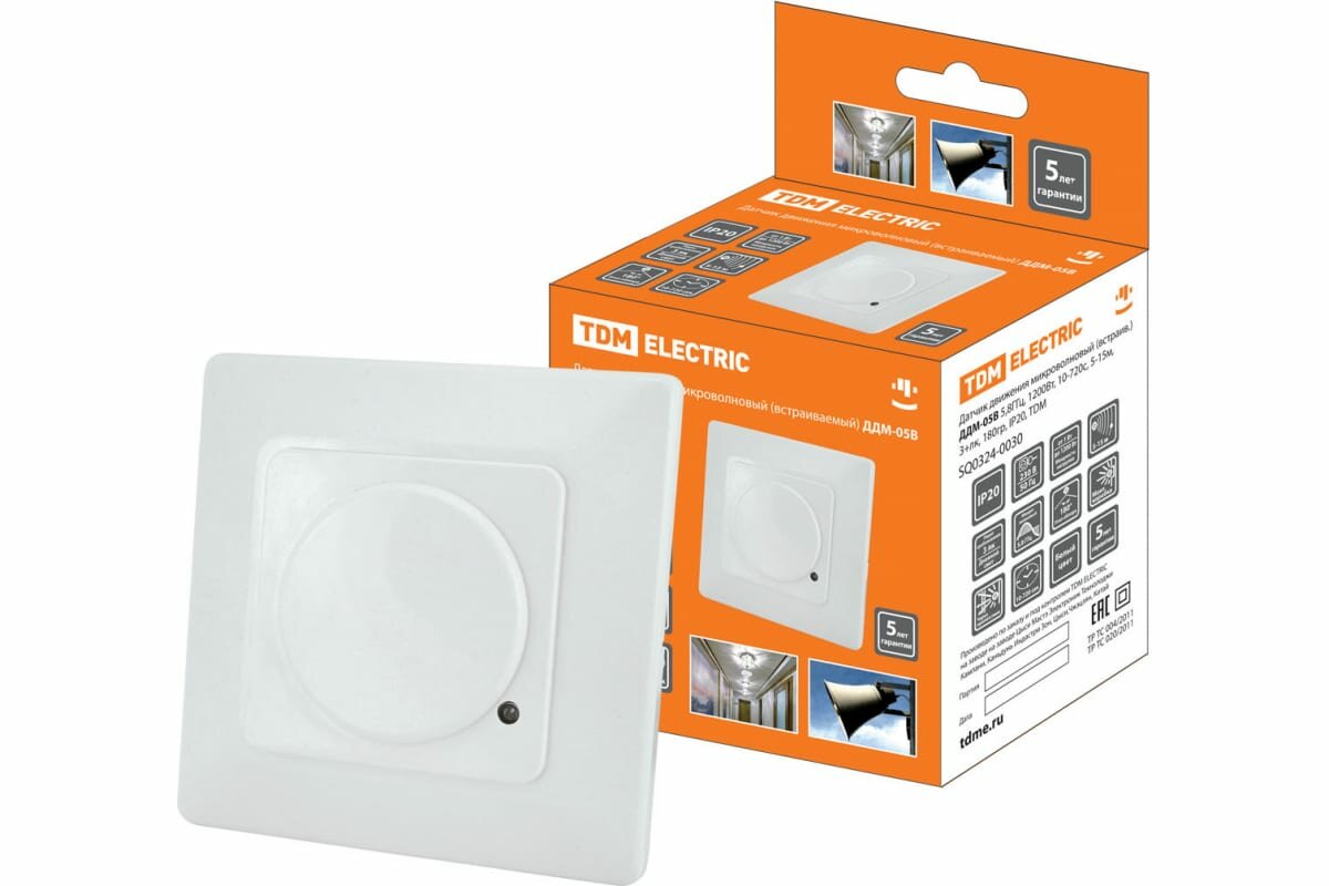 TDM ДДМ-05В датчик движения 5,8 ГГц 1200 Вт 10-720 с 5-15 м 3+лк 180° IP20 SQ0324-0030