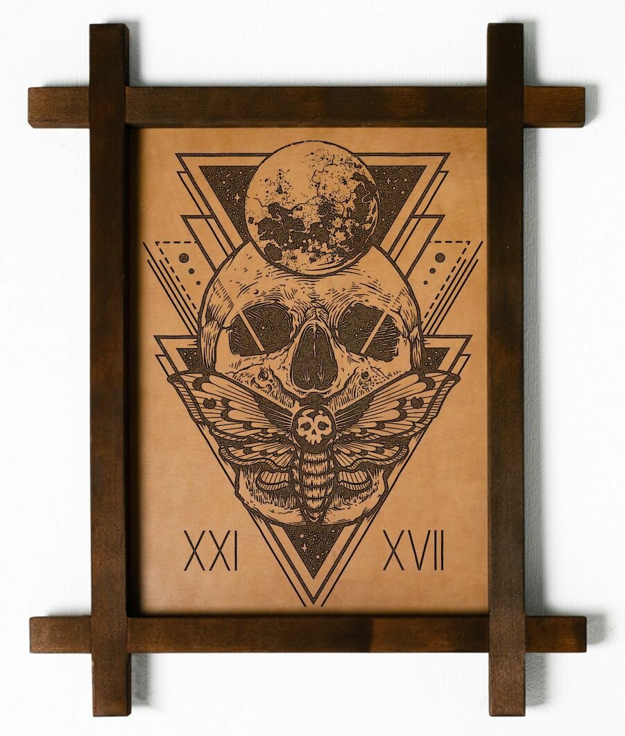 Интерьерная картина из натуральной кожи "Череп", декоративное настенное панно в деревянной раме, BoomGift