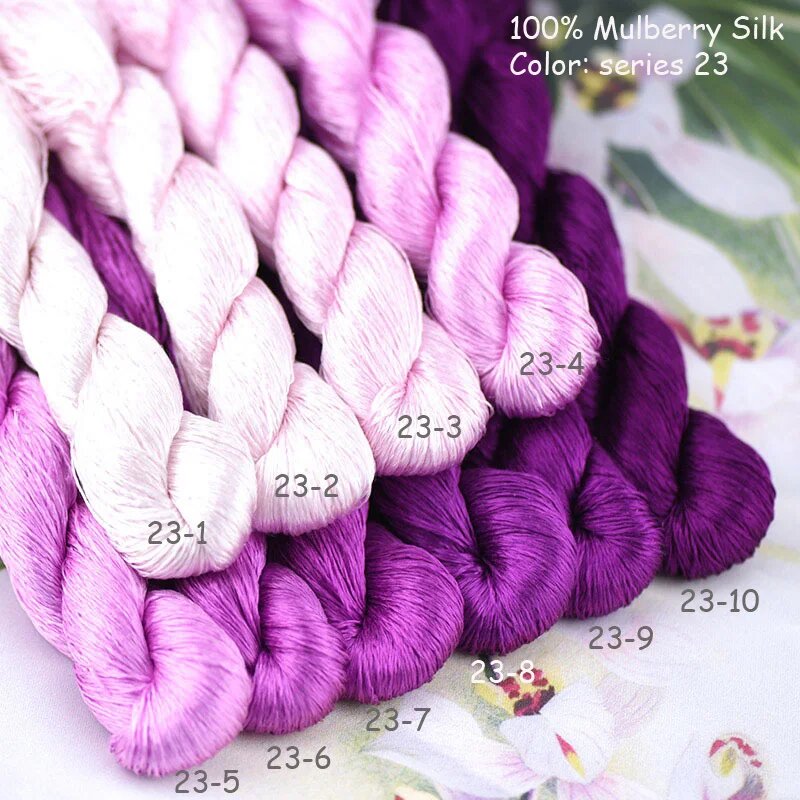 Шелковая нитка для вышивания Мулине, 100% шелк, фиолетовые оттенки, 16/2 400 meters, 23 mixed colors