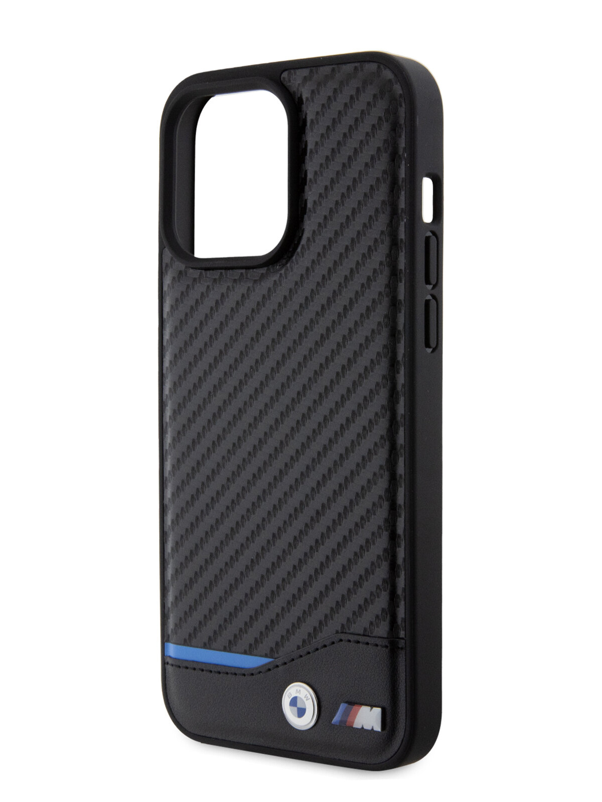 BMW для iPhone 15 Pro Max чехол M-Collection PU Carbon with blue line Hard Black