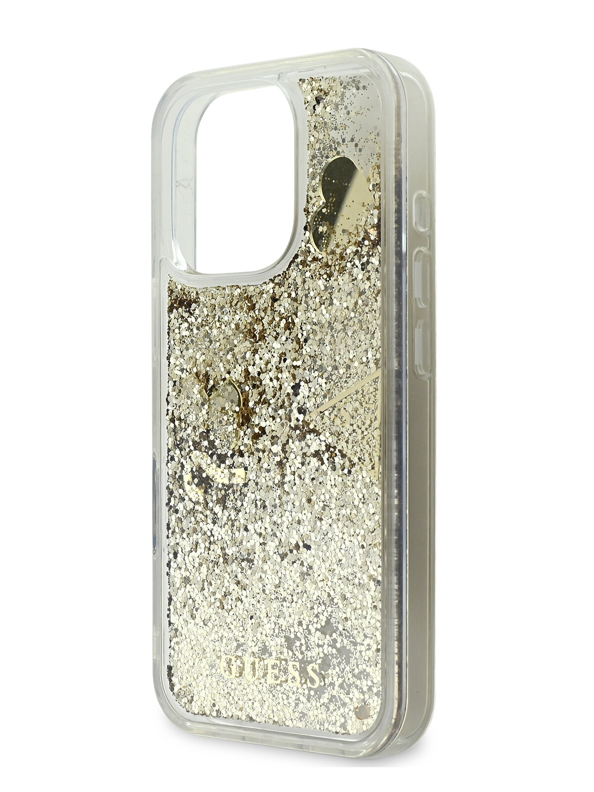 Guess для iPhone 16 Pro Max чехол Liquid Glitter Hard Hearts Gold