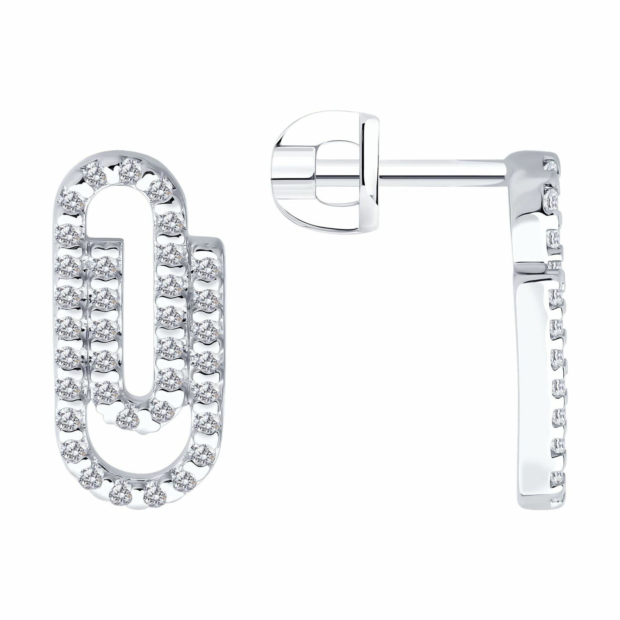 Серьги пусеты, серебро, 925 проба, родирование, фианит