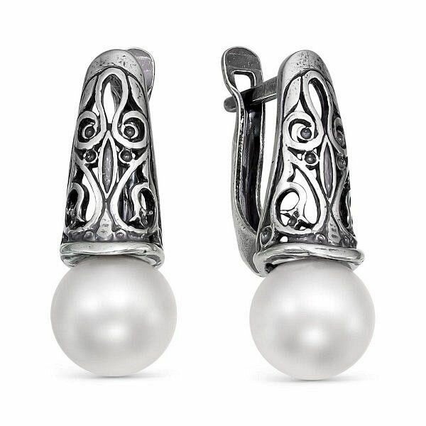 Серьги, серебро, 925 проба, чернение, жемчуг имитация