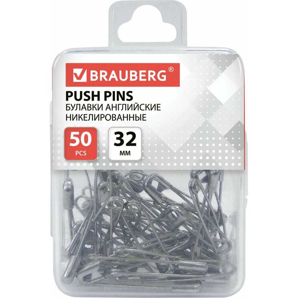 Никелированные английские булавки BRAUBERG 32 мм, 50 шт, в пластиковой коробке с европодвесом 223970