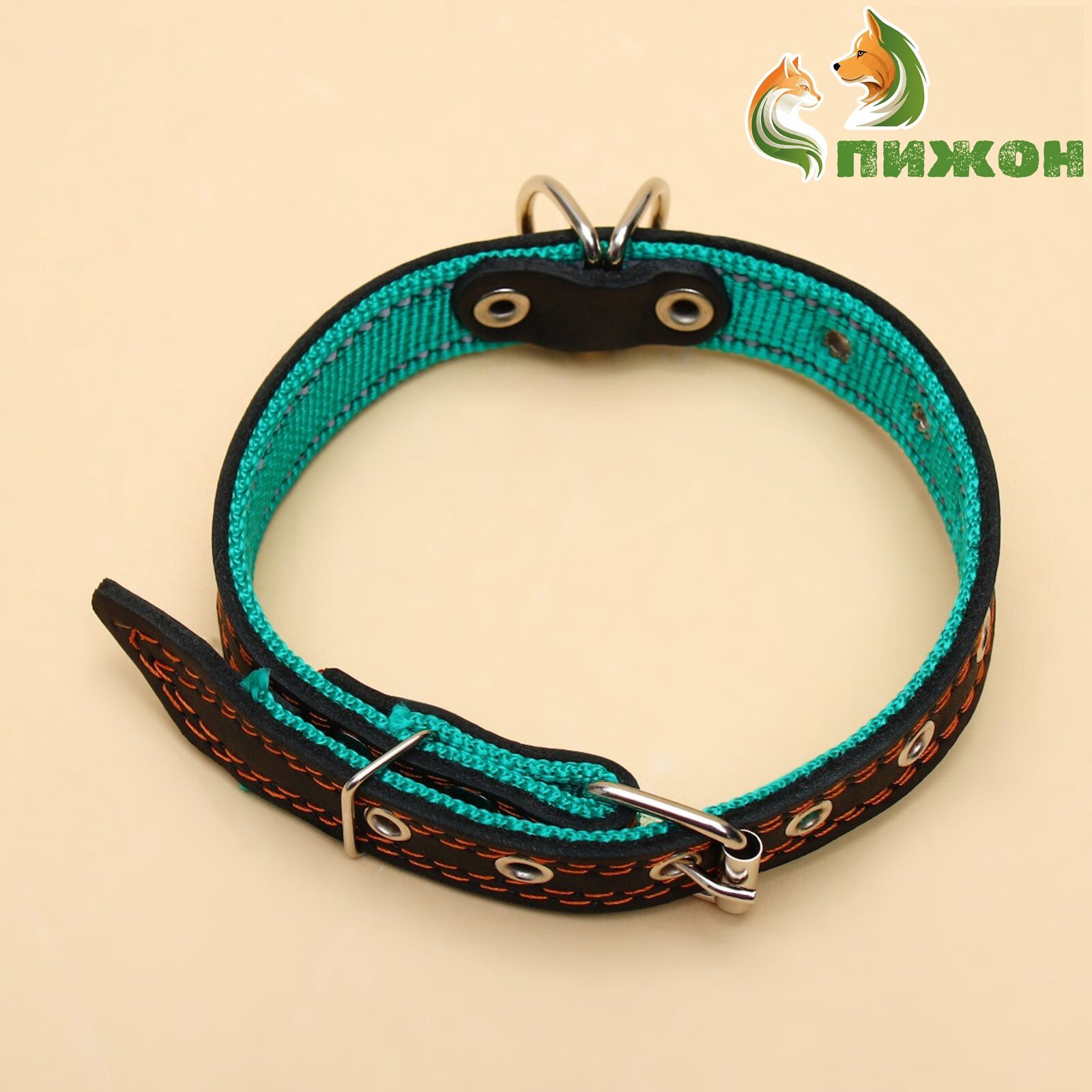 Ошейник кожаный усиленный капроном с полукольцом, 55 х 2,5 см, ОШ 27-53 см, чёрный