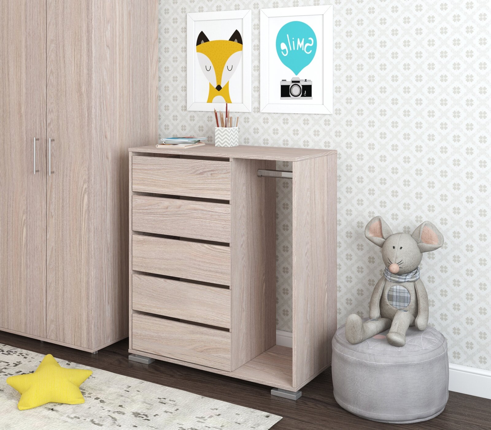 Шкаф, комод, шкаф-комод с ящиками, со штангой Есэндвич Лаворо, 90x43х102 см, левый (Анкор светлый)