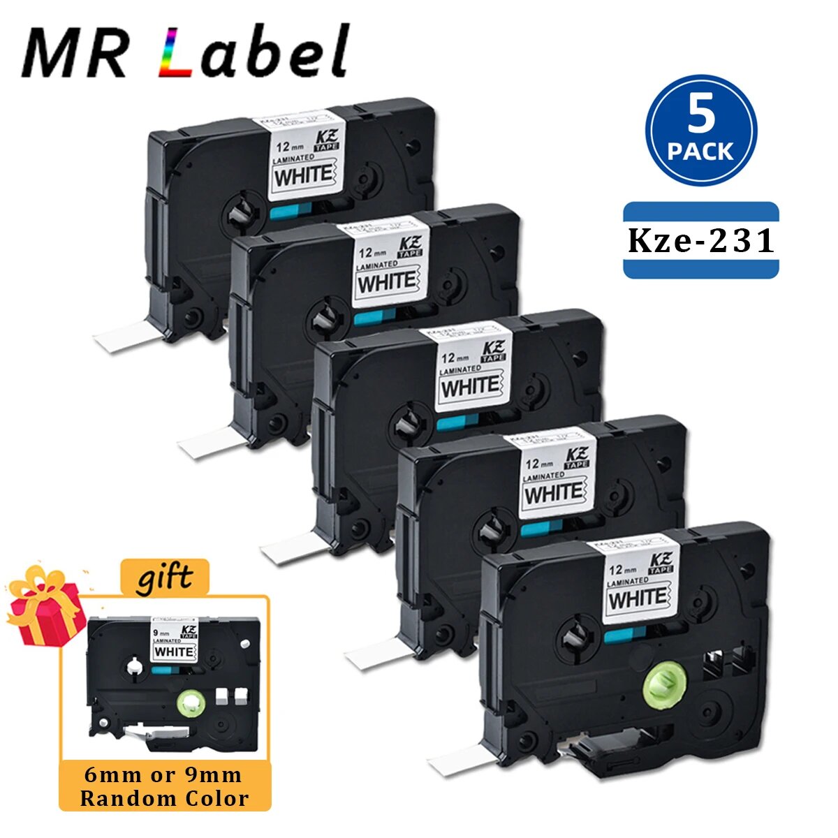 Лента для принтеров MrLabel, 12 мм, черная на белая, ламинированная, 5 шт.