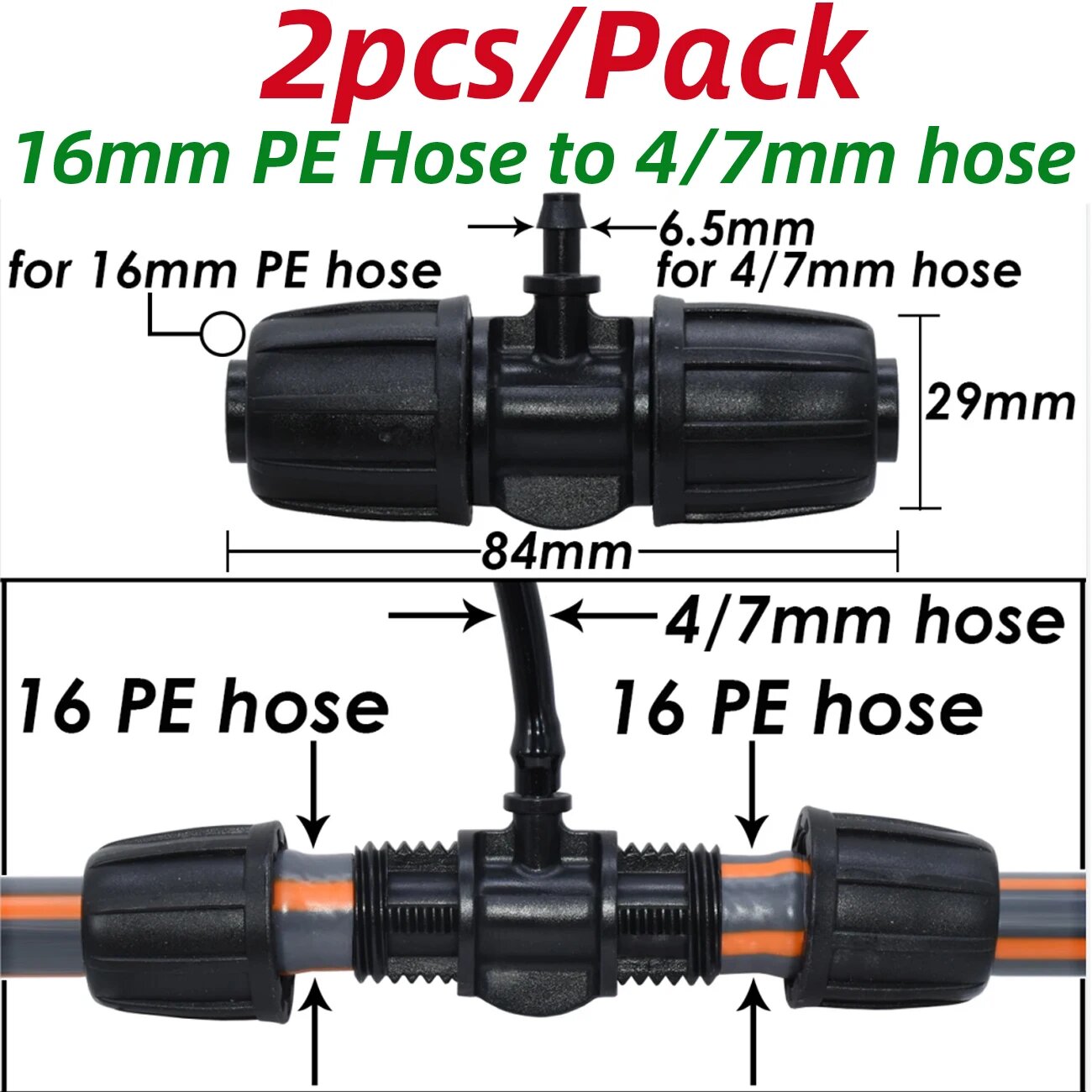 KESLA Тройник для шланга 16 мм Черный, Tee-16mm-1I4in-2pcs
