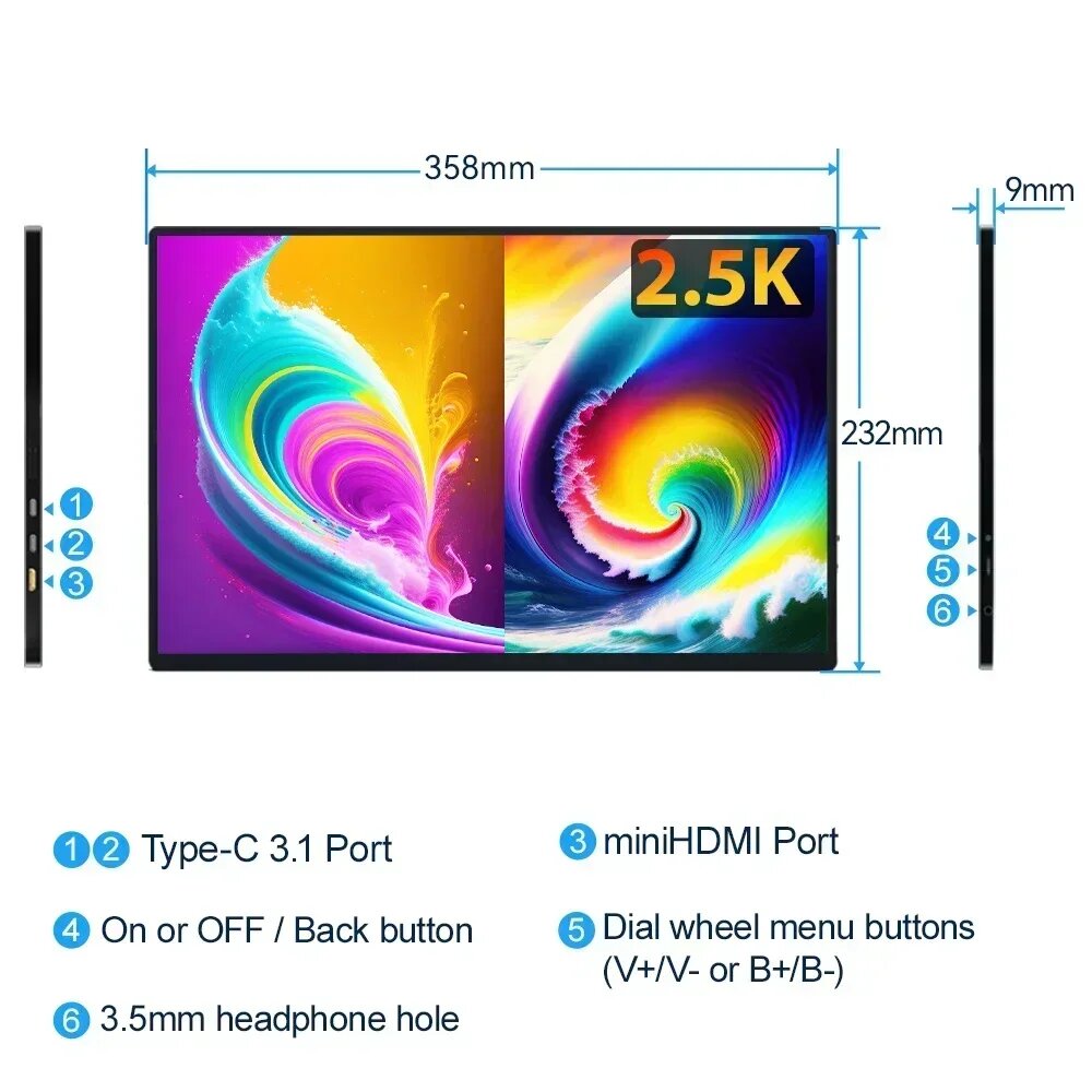 XIANWEI 16-дюймовый портативный монитор 2К Европейская вилка (EU Plug)