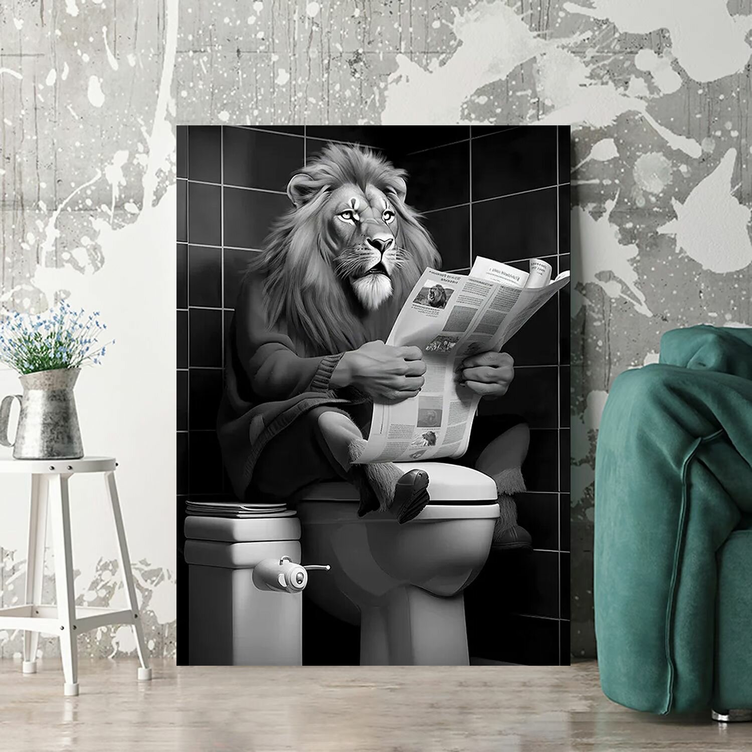 Картина в туалет, ванную комнату Лев читает газету, 50х70 см.