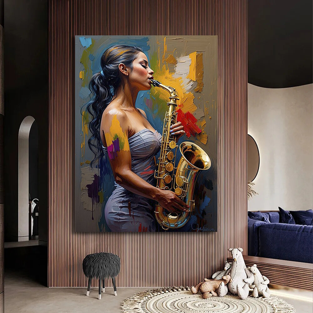 Девушка / саксофон, картина вертикальная / на стену, 20х30 см.