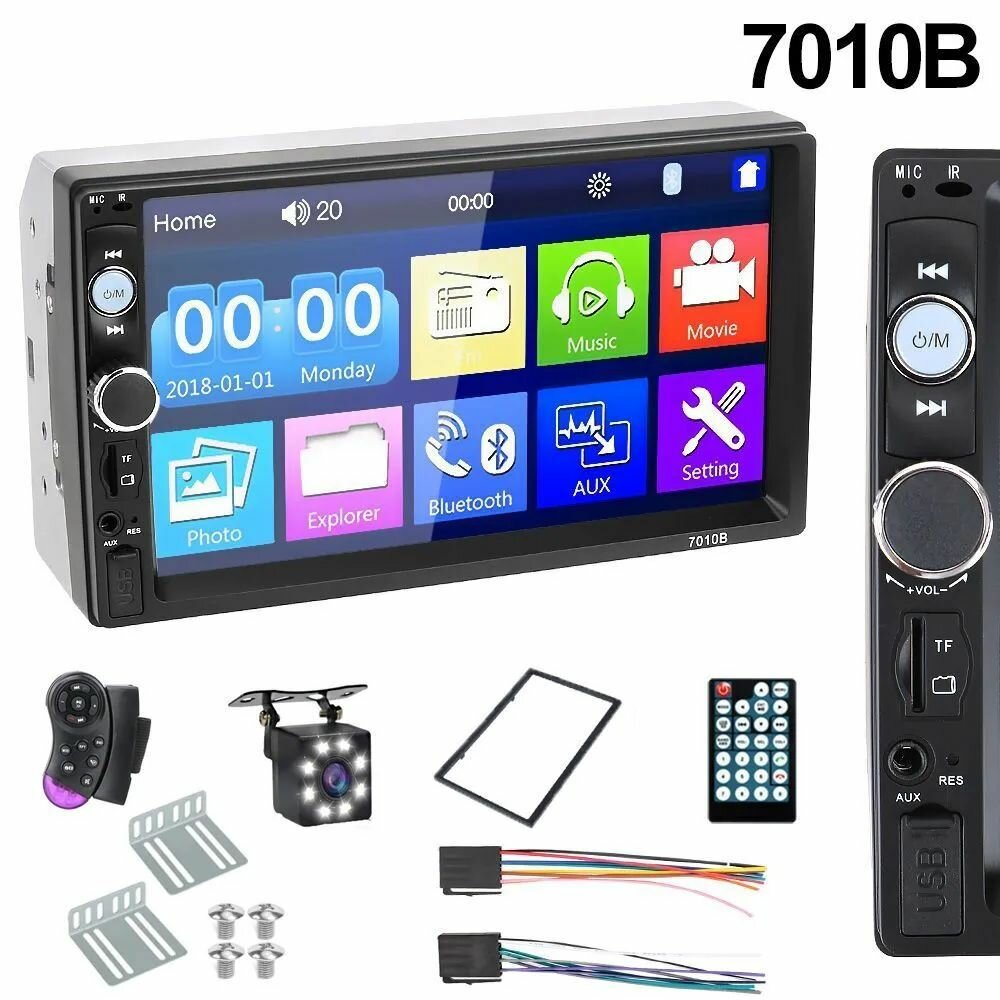7" MP5 автомобильное радио 7010B универсальное, камера + крепление на раму + дистанционное сенсорное управление на руле, FM, USB, Bluetooth, AUX мультимедиа с экраном
