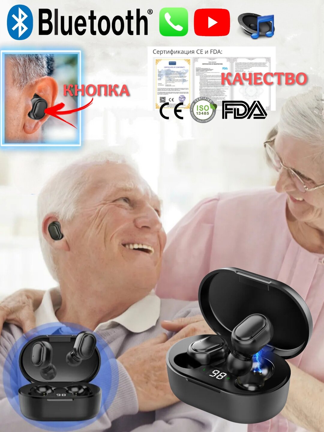 Слуховой аппарат цифровой внутриушной аккумуляторный качественный для пожилых людей