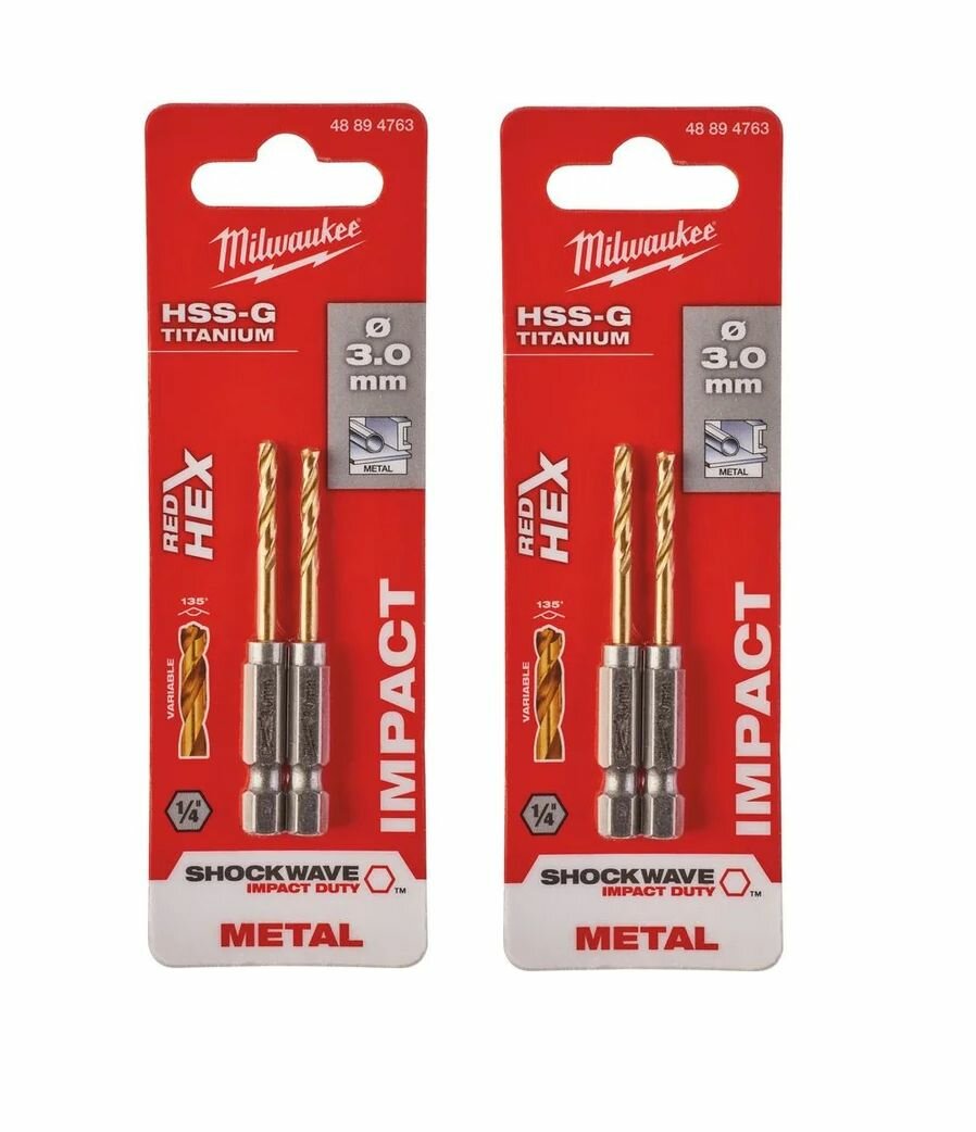 Сверло по металлу RedHEX HSS-G TiN (набор 2 уп; 3х23х65 мм) Milwaukee