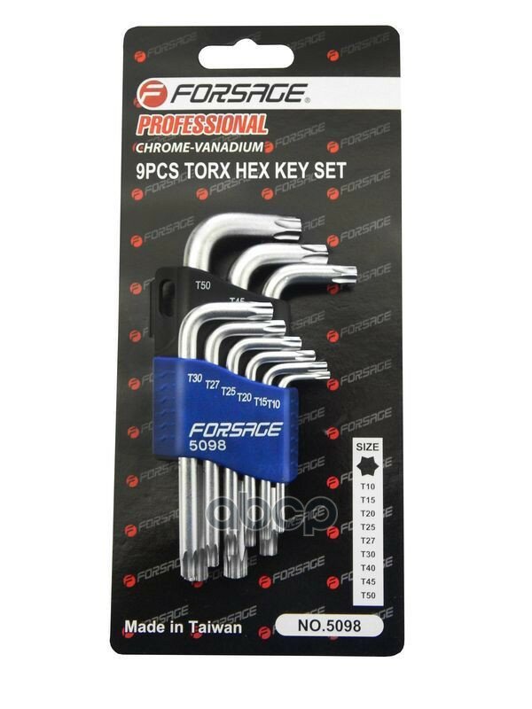 F5098 Набор ключей TORX, Г-образных, 9 пр: Т10, Т15, Т20, Т25, Т27, Т30, Т40, Т45, Т50, в пластиково FORSAGE арт. F5098