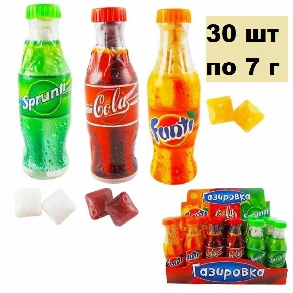 Жевательная резинка мини в бутылочках Газировка, ассорти, 30 штук по 7 г
