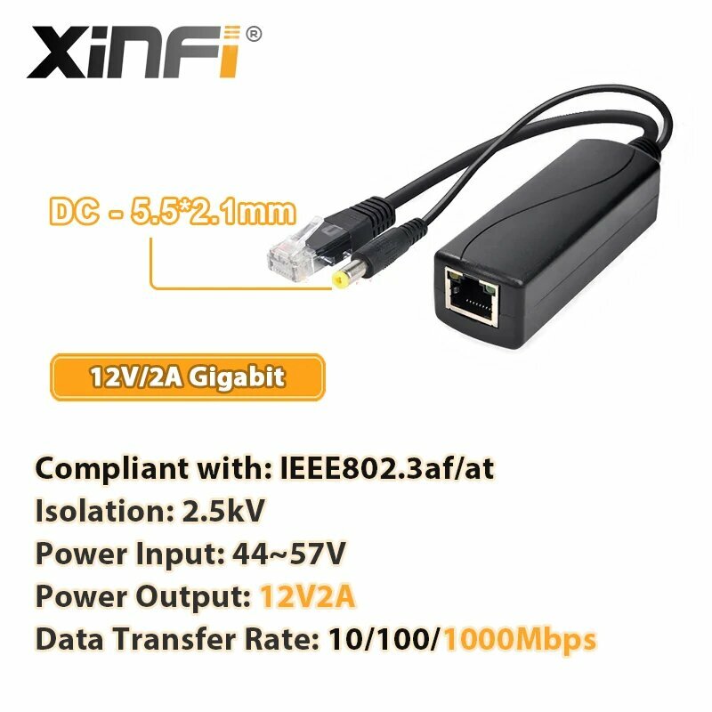 Гигабитный Poe сплиттер 5 в 3 А 48 В до 12 В Micro USB/Type C/DC для блока питания Barrel Jack/Huawei/Hikvision/Bobcat/Raspberry Pi 12V2A-DC(GbE)