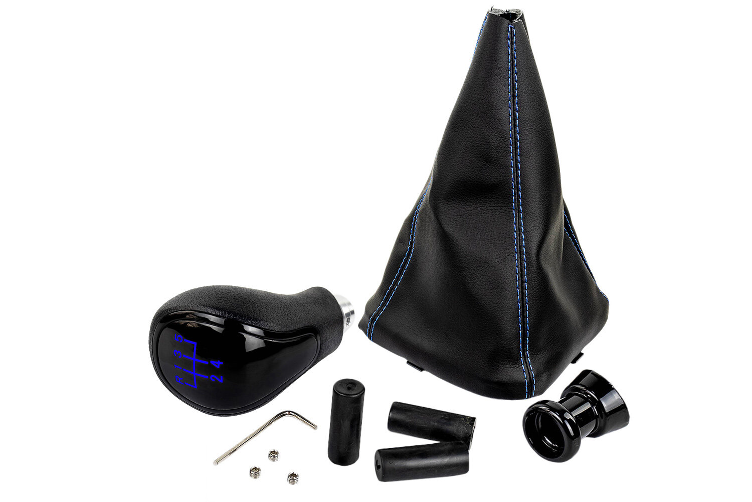 Ручка КПП черный лак, синяя подсветка Sal-Man с пыльником с синей строчкой на ВАЗ 2110, 2111, 2112