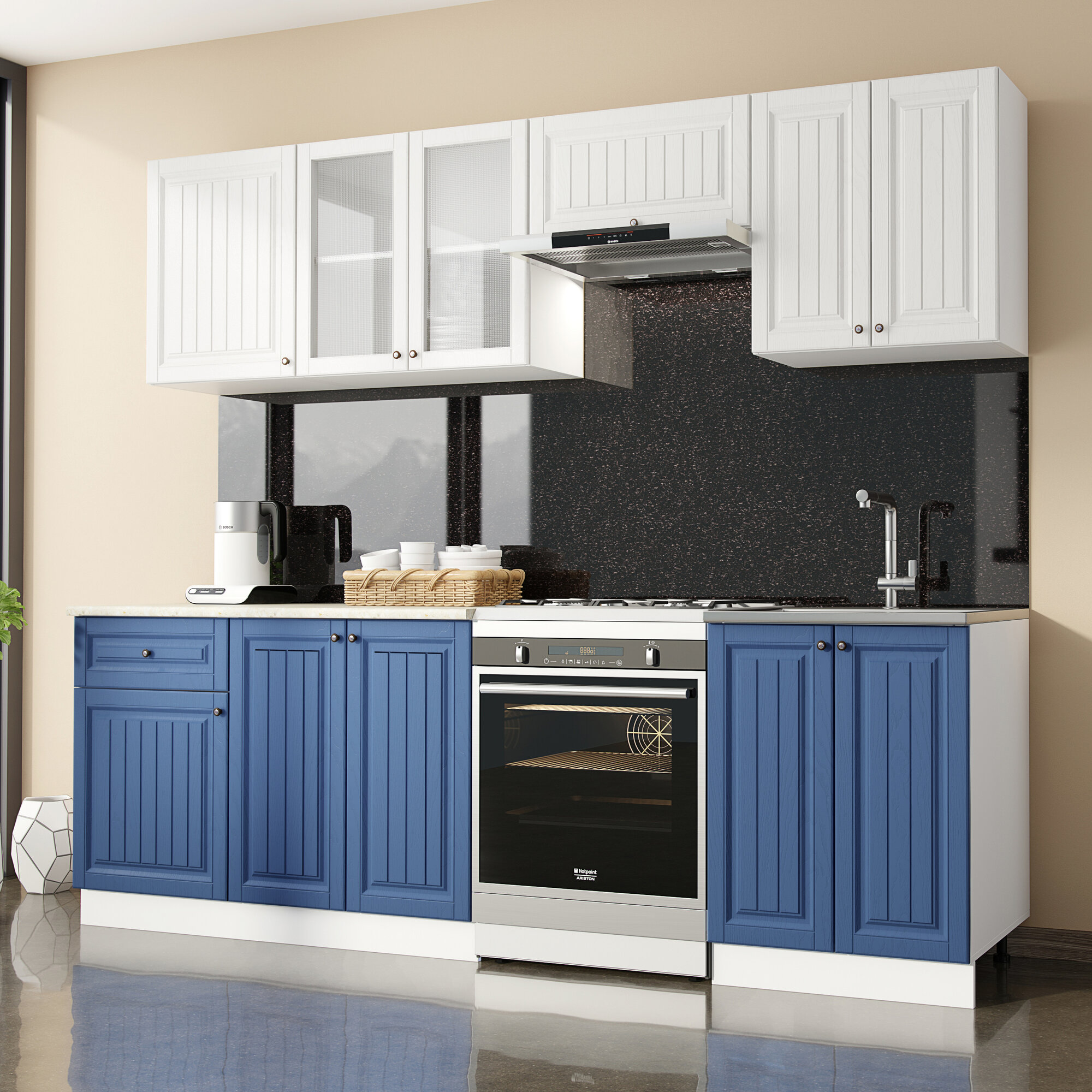 Кухонный гарнитур, готовый комплект Хозяюшка 2.4 метра Акация белая/Деним