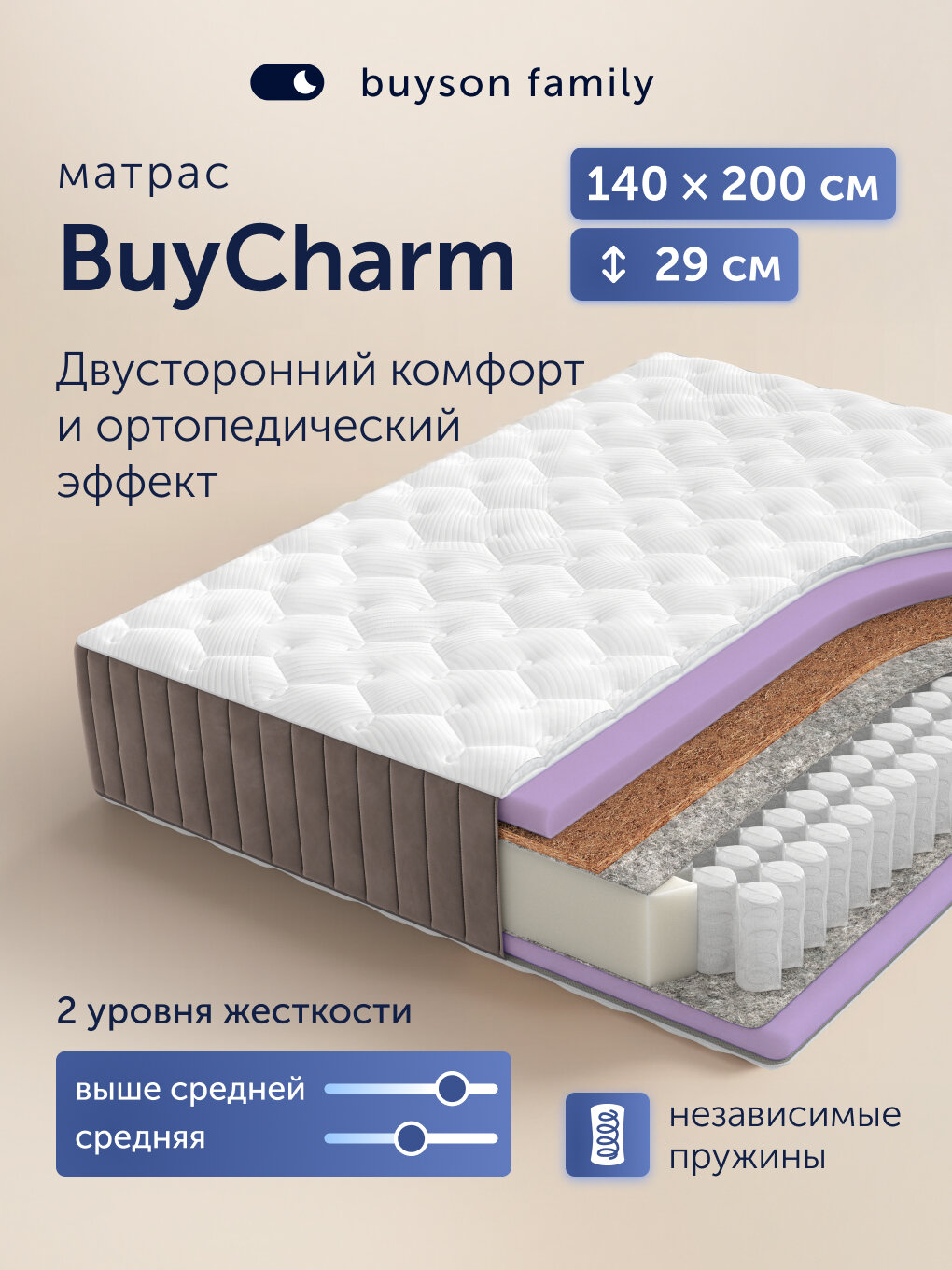 Разносторонний ортопедический матрас buyson family BuyCharm, 140х200 см, независимые пружины
