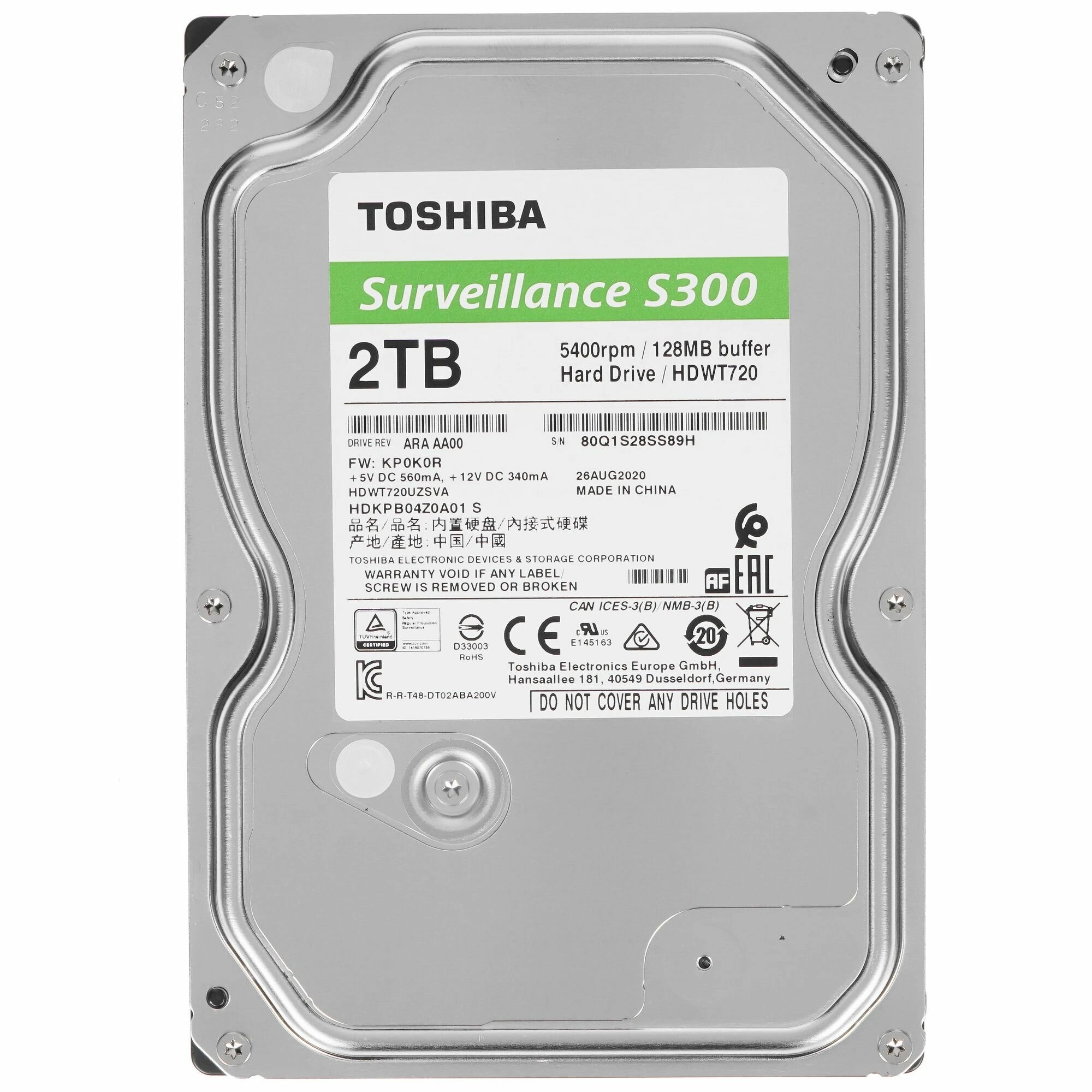 3.5" жесткий диск Toshiba S300 (HDWT720UZSVA) 2ТБ, 5400Об/мин, 128МБ