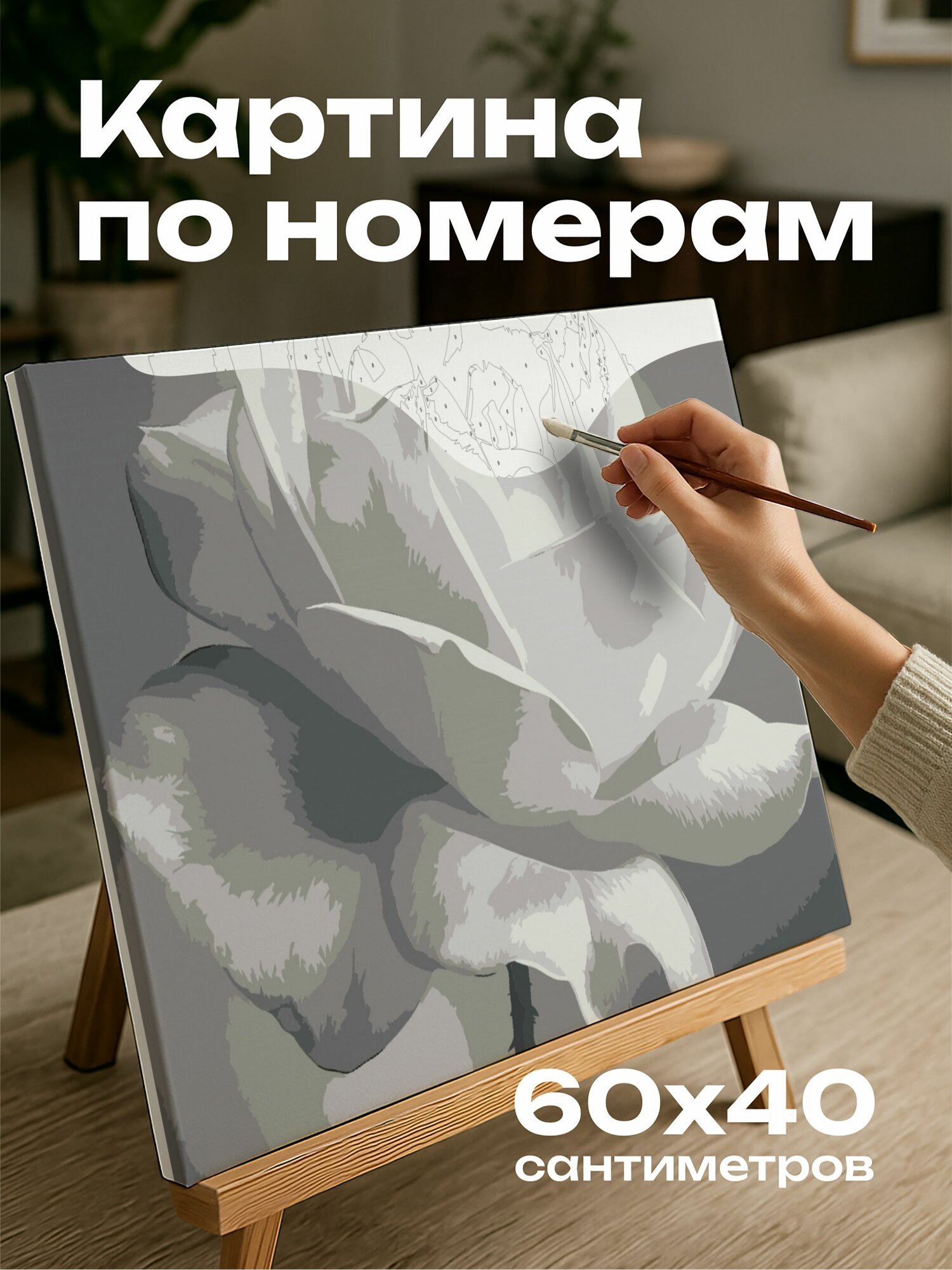 Картина по номерам 60x40 см, черно-белая фотография, белая роза, нежные лепестки, мягкий рассеянный свет, элегантность