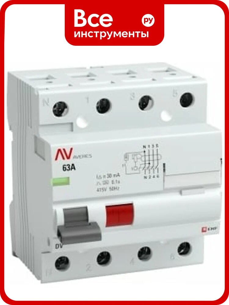 Устройство защитного отключения EKF DV, 4P, 63А/30мА, A, AVERES rccb-4-63-30-a-av
