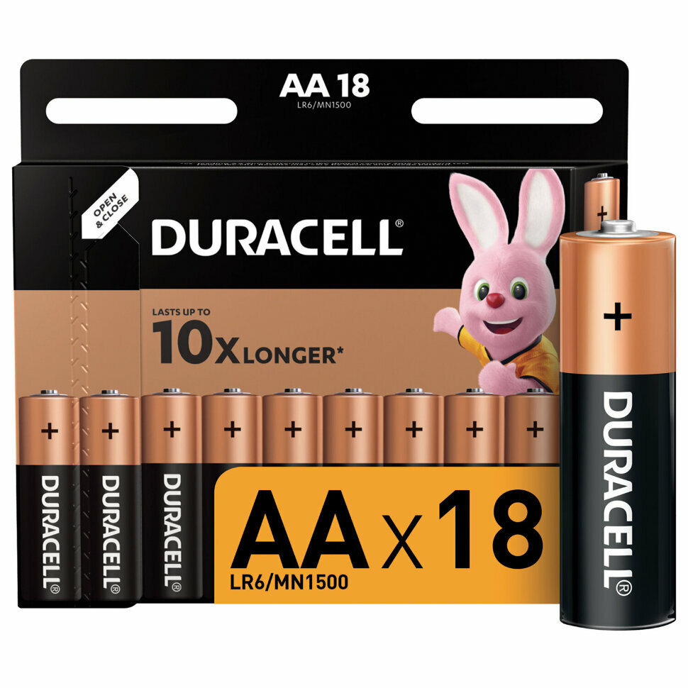 Батарейки комплект 18 шт, DURACELL Basic оригинал, AA (LR6, 15А), алкалиновые, пальчиковые, 451464
