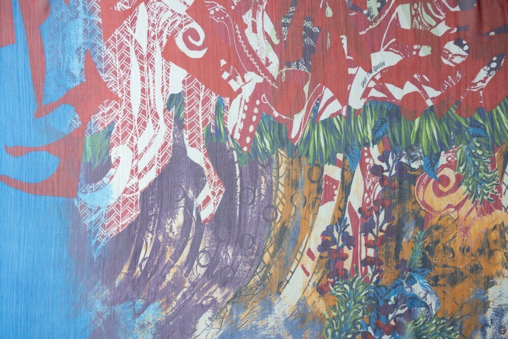 Ткань крэш шифон разноцветный с абстрактным растительным принтом (купон)