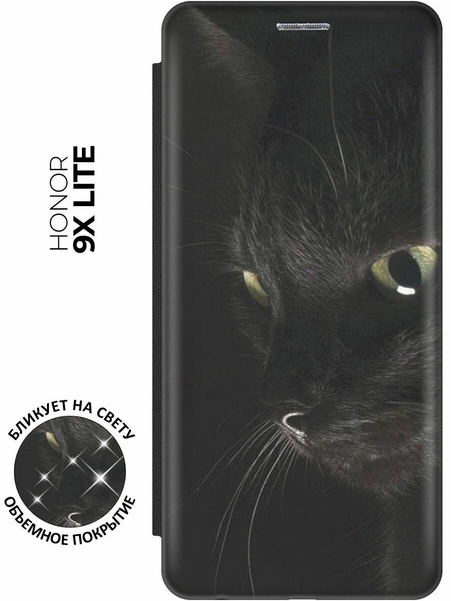 Чехол-книжка Черный кот на Honor 9X Lite / Хонор 9Х Лайт с эффектом блика черный