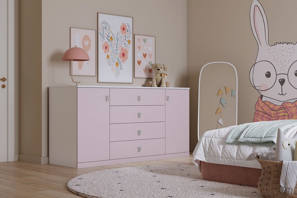 Комод МебельЛэнд24 Банни - 3 МДФ Розовый Лайт 160x52x80 двухдверный с 4 ящиками