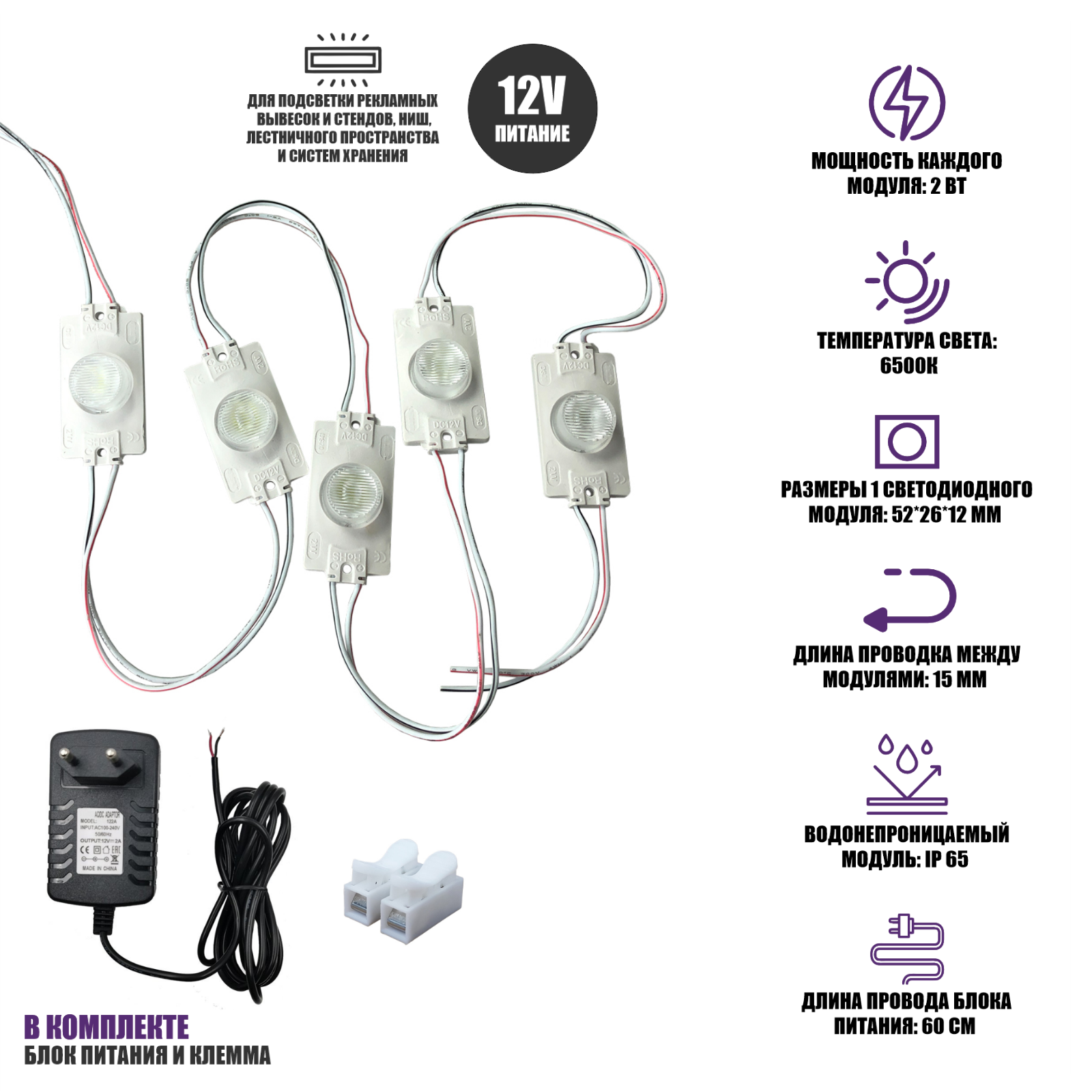 Светодиодный модуль, 12V 6500К 2Вт IP65, 5 шт с блоком питания 12V для лампы маляра