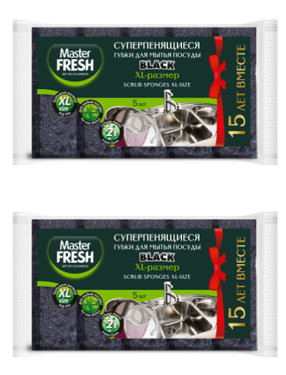 Губки для мытья посуды Master Fresh Black XL, bubble-поролон, 5 шт, 2 уп