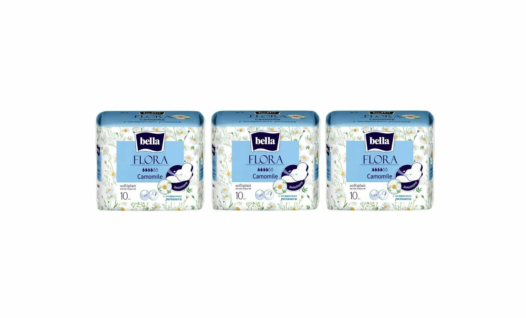BELLA Прокладки женские гигиенические Flora Camomile с экстрактом ромашки, 10 штук, 3 упаковки