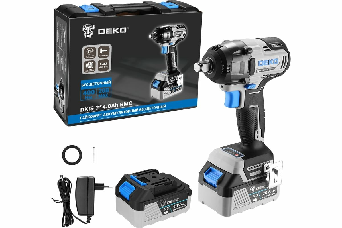 Аккумуляторный бесщеточный гайковерт DEKO DKIS, 20В, 2х4.0Ач, 400Нм, в кейсе 063-4432