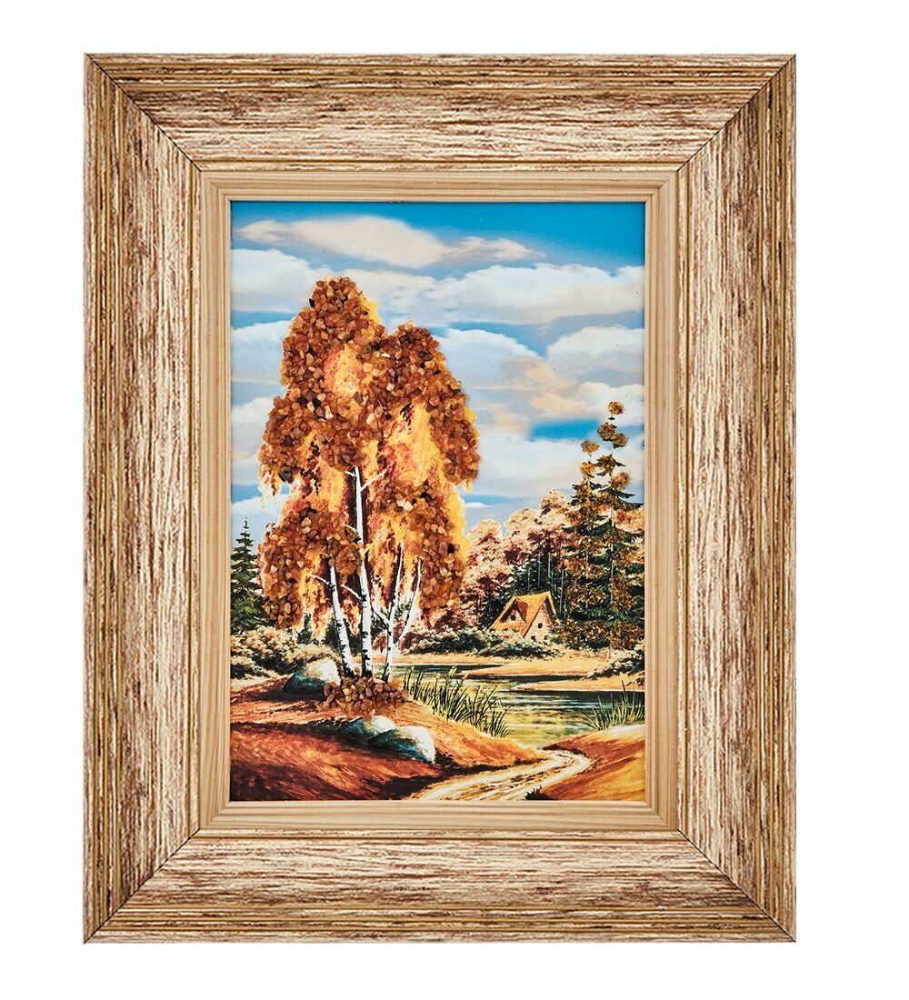 Картина 'Дом у реки' (с янтарной крошкой) пласт. рамка 33х42см