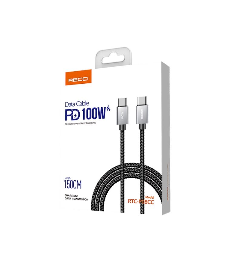 Кабель для быстрой зарядки и передачи данных Recci Superb Durability, Type-C to Type-C, PD100W, 150 см, Серый+Черный